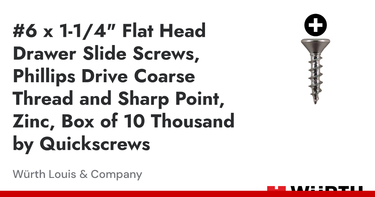 #6 x 1-1/4" Flat Head Drawer Slide Screws, Phillips Drive Coarse Thread ...