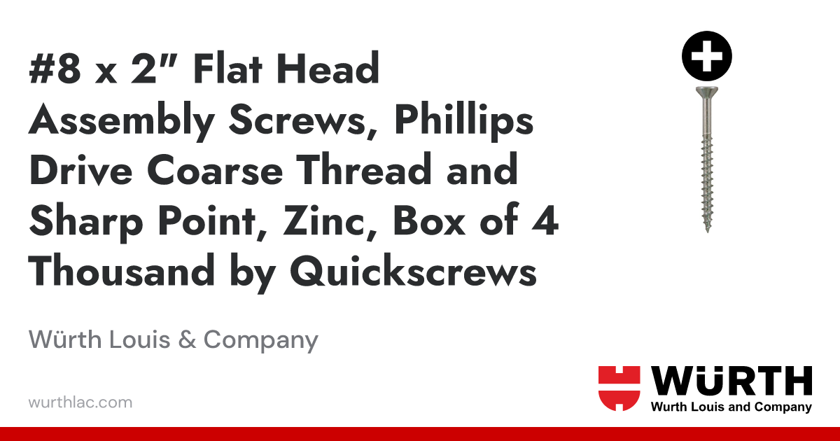 #8 x 2" Flat Head Assembly Screws, Phillips Drive Coarse Thread and ...