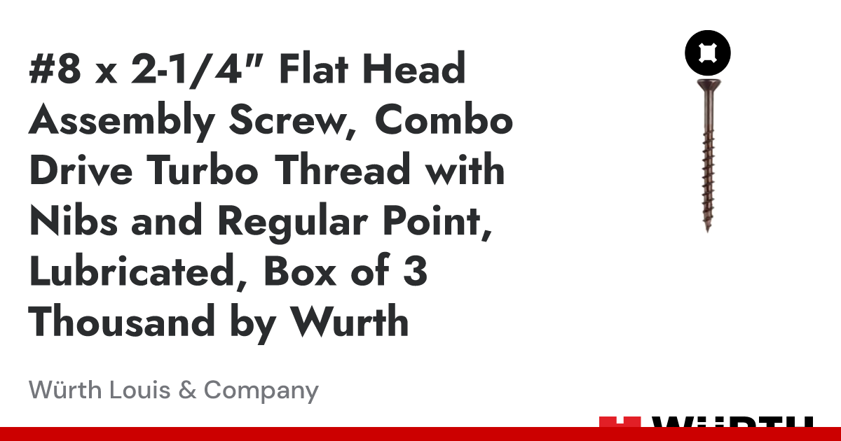 #8 x 2-1/4" Flat Head Assembly Screw, Combo Drive Turbo Thread with ...