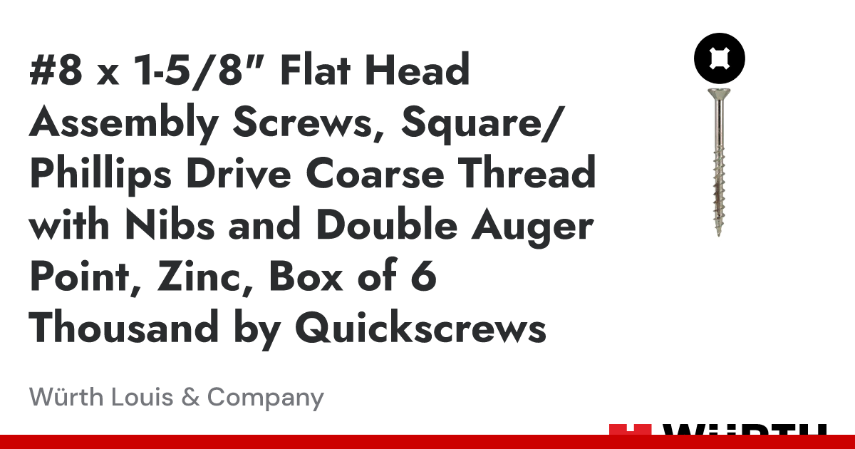 #8 x 1-5/8" Flat Head Assembly Screws, Square/Phillips Drive Coarse ...