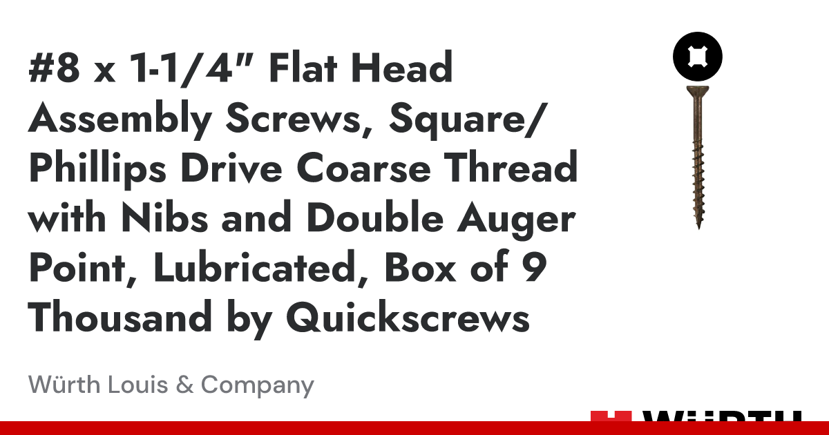#8 x 1-1/4" Flat Head Assembly Screws, Square/Phillips Drive Coarse ...