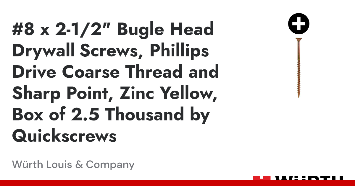 #8 x 2-1/2" Bugle Head Drywall Screws, Phillips Drive Coarse Thread and ...