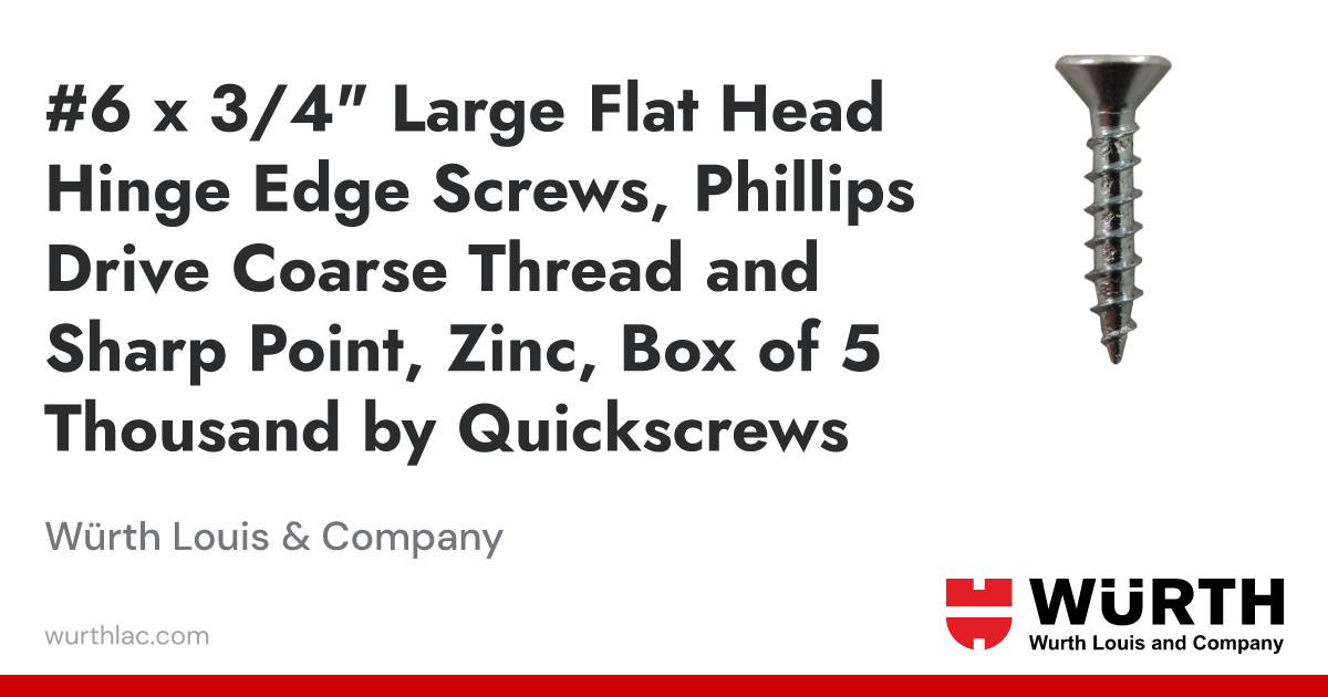 #6 x 3/4" Large Flat Head Hinge Edge Screws, Phillips Drive Coarse ...