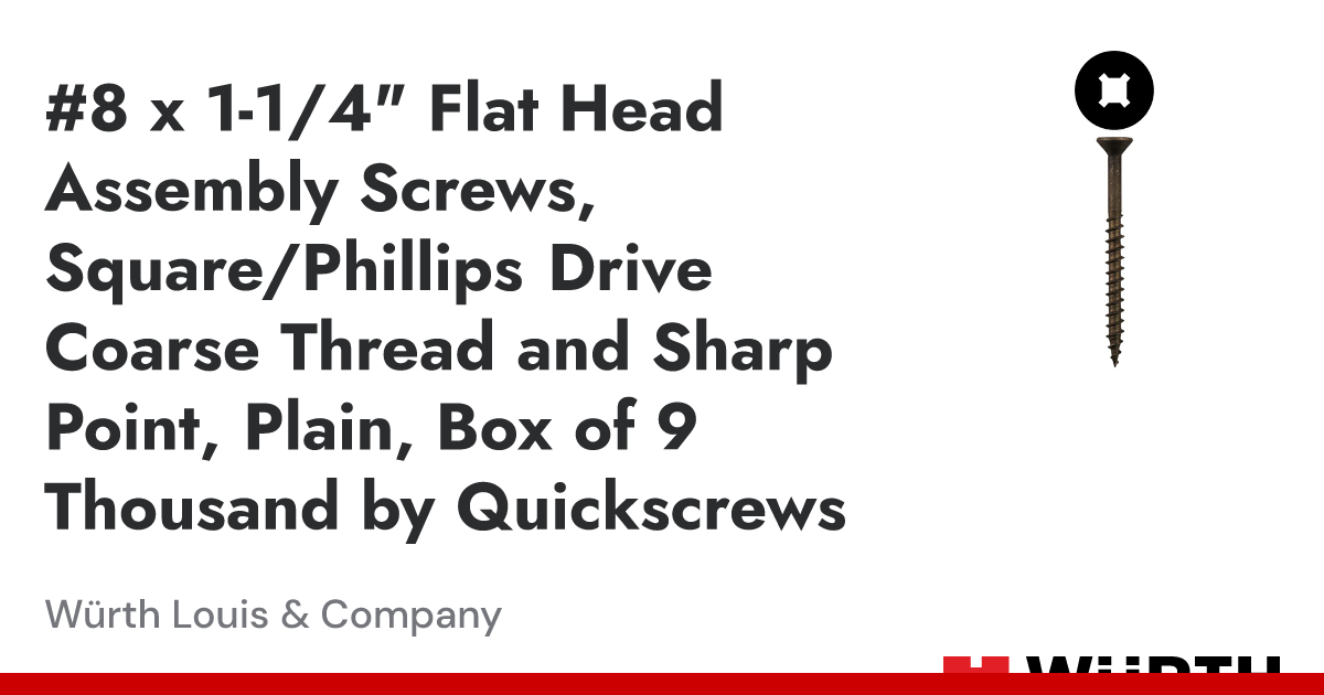 #8 x 1-1/4" Flat Head Assembly Screws, Square/Phillips Drive Coarse Thread and Sharp Point ...