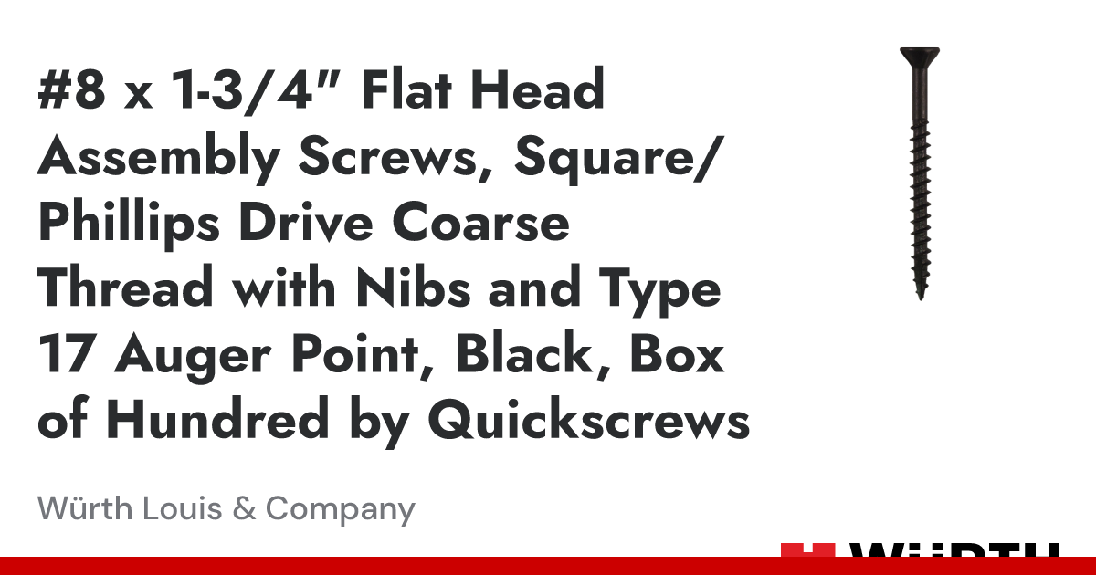 #8 x 1-3/4" Flat Head Assembly Screws, Square/Phillips Drive Coarse ...