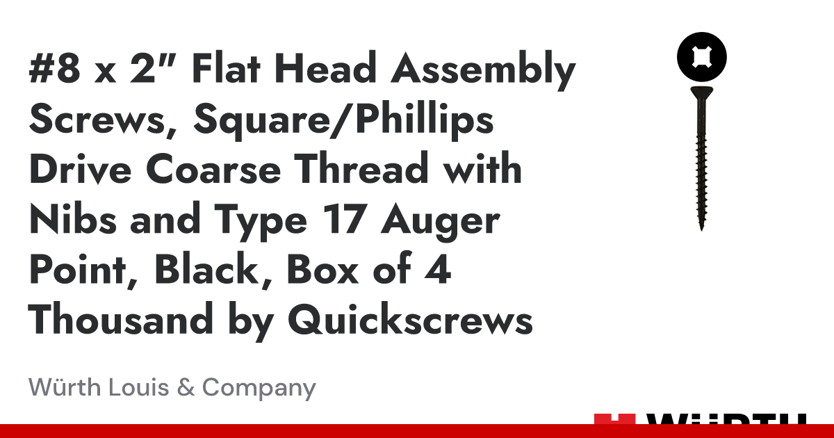 #8 x 2" Flat Head Assembly Screws, Square/Phillips Drive Coarse Thread ...
