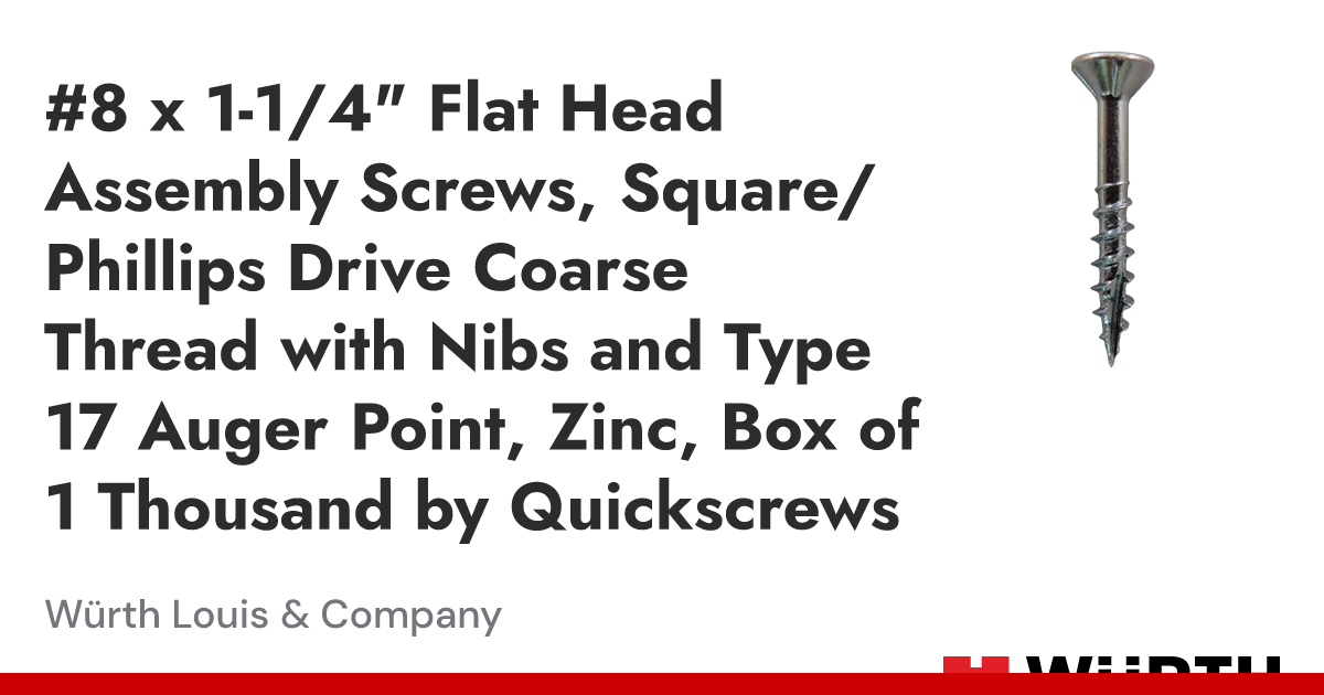#8 x 1-1/4" Flat Head Assembly Screws, Square/Phillips Drive Coarse ...