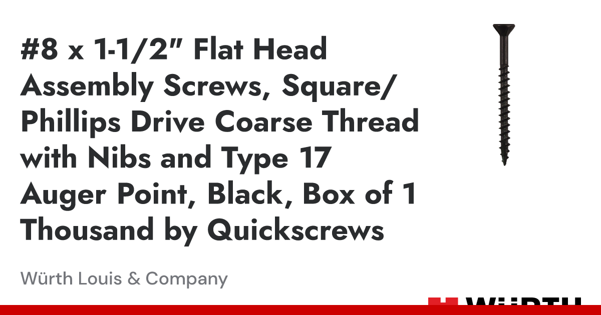 #8 x 1-1/2" Flat Head Assembly Screws, Square/Phillips Drive Coarse ...