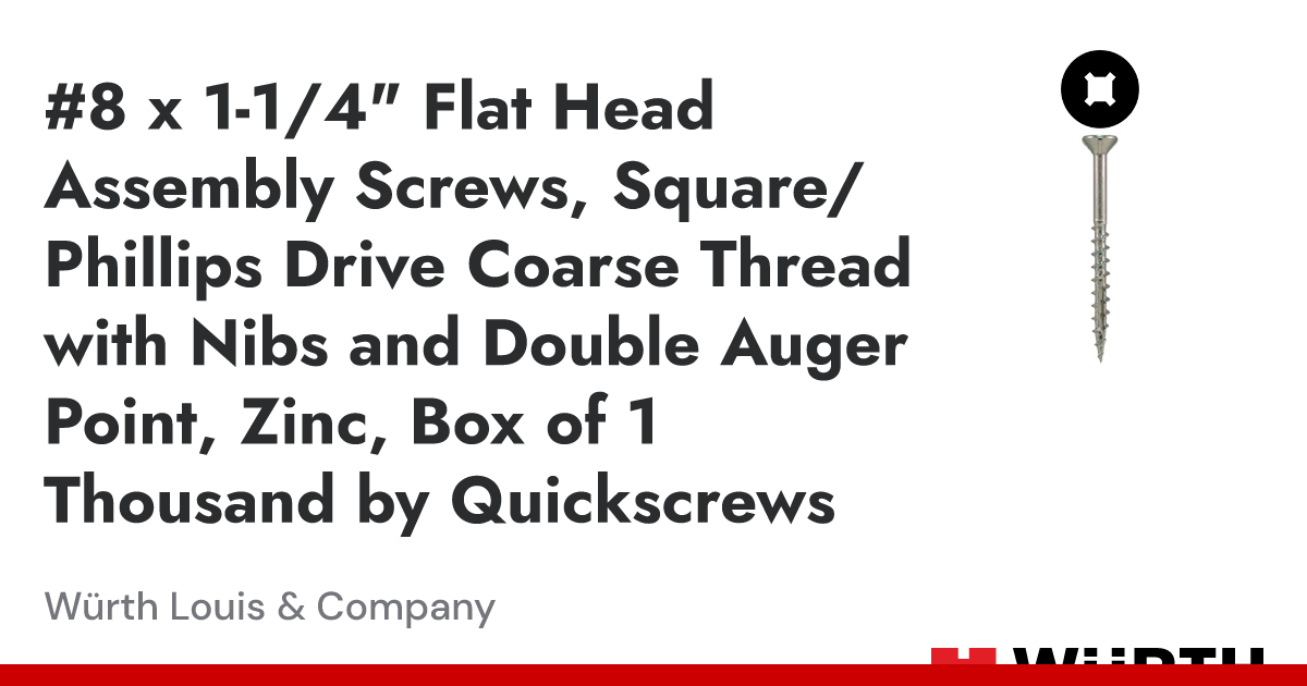 #8 x 1-1/4" Flat Head Assembly Screws, Square/Phillips Drive Coarse ...