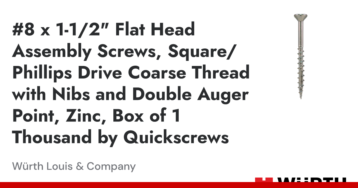 #8 x 1-1/2" Flat Head Assembly Screws, Square/Phillips Drive Coarse ...