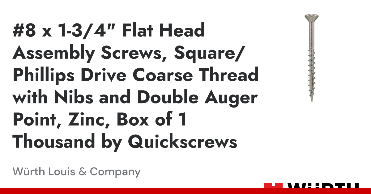 #8 x 1-3/4" Flat Head Assembly Screws, Square/Phillips Drive Coarse ...