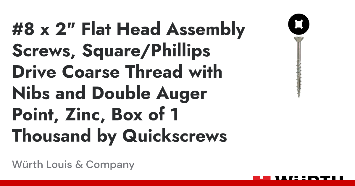 #8 x 2" Flat Head Assembly Screws, Square/Phillips Drive Coarse Thread ...