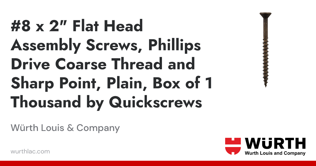 #8 x 2" Flat Head Assembly Screws, Phillips Drive Coarse Thread and ...