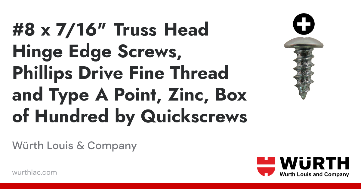 #8 x 7/16" Truss Head Hinge Edge Screws, Phillips Drive Fine Thread and ...