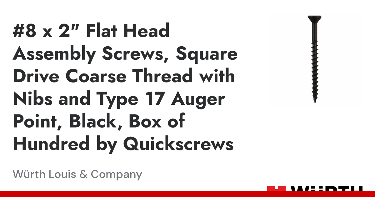 #8 x 2" Flat Head Assembly Screws, Square Drive Coarse Thread with Nibs ...