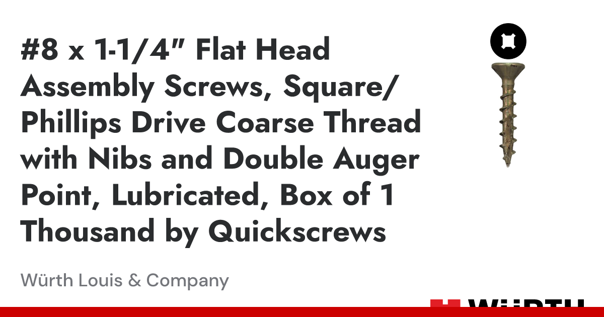 #8 x 1-1/4" Flat Head Assembly Screws, Square/Phillips Drive Coarse ...