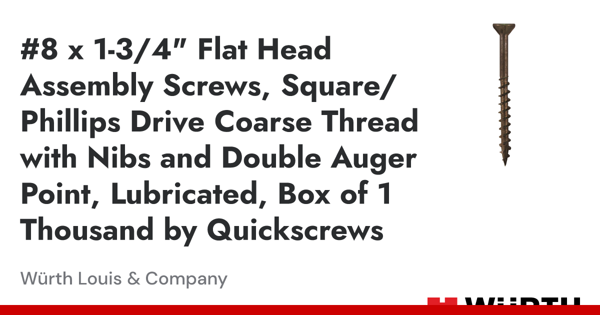 #8 x 1-3/4" Flat Head Assembly Screws, Square/Phillips Drive Coarse ...
