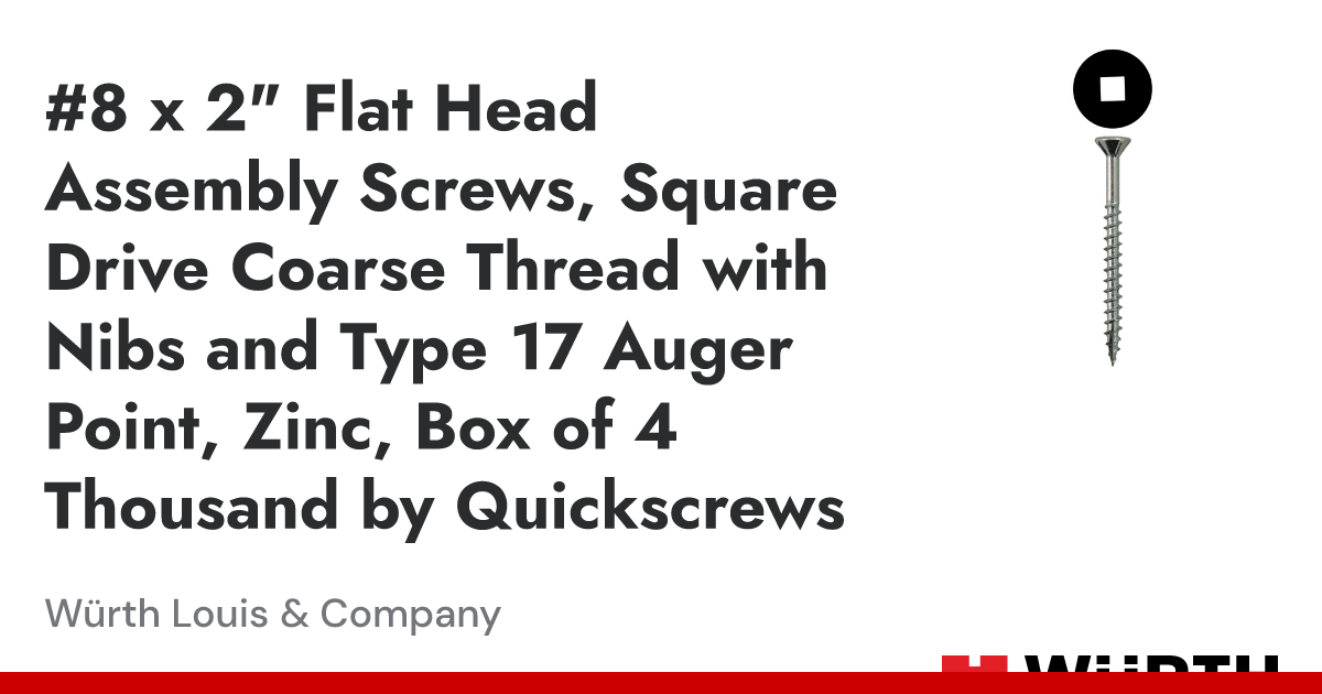 #8 x 2" Flat Head Assembly Screws, Square Drive Coarse Thread with Nibs ...