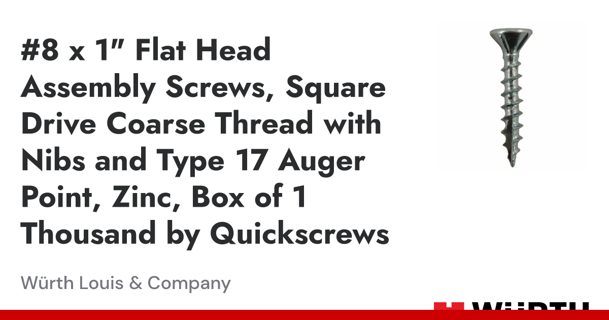 #8 x 1" Flat Head Assembly Screws, Square Drive Coarse Thread with Nibs ...