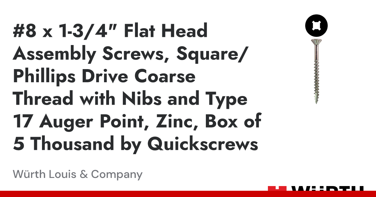 #8 x 1-3/4" Flat Head Assembly Screws, Square/Phillips Drive Coarse ...