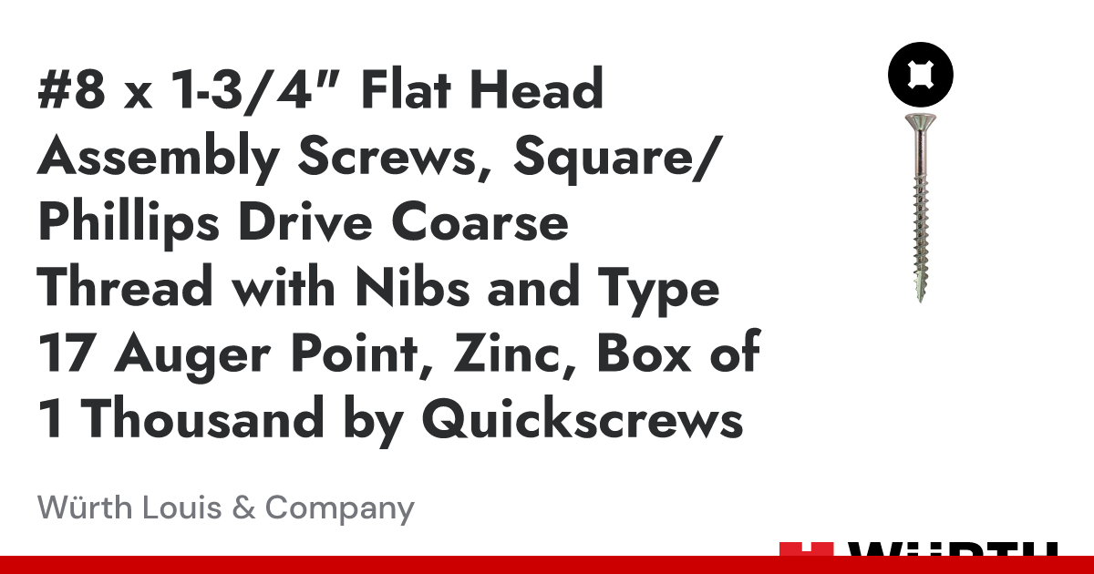 #8 x 1-3/4" Flat Head Assembly Screws, Square/Phillips Drive Coarse ...