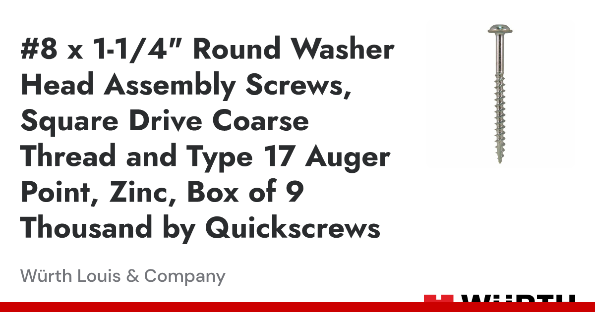 #8 x 1-1/4" Round Washer Head Assembly Screws, Square Drive Coarse ...