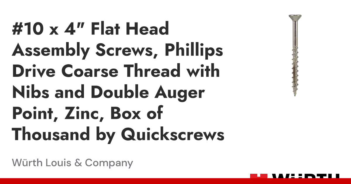 #10 x 4" Flat Head Assembly Screws, Phillips Drive Coarse Thread with ...