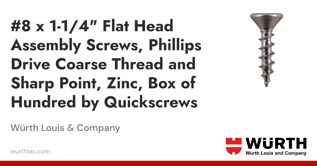 #8 x 1-1/4" Flat Head Assembly Screws, Phillips Drive Coarse Thread and ...