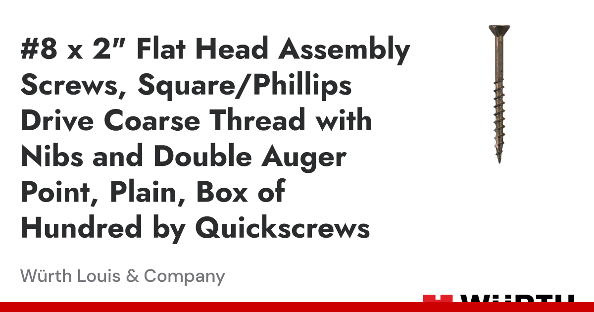 #8 x 2" Flat Head Assembly Screws, Square/Phillips Drive Coarse Thread ...