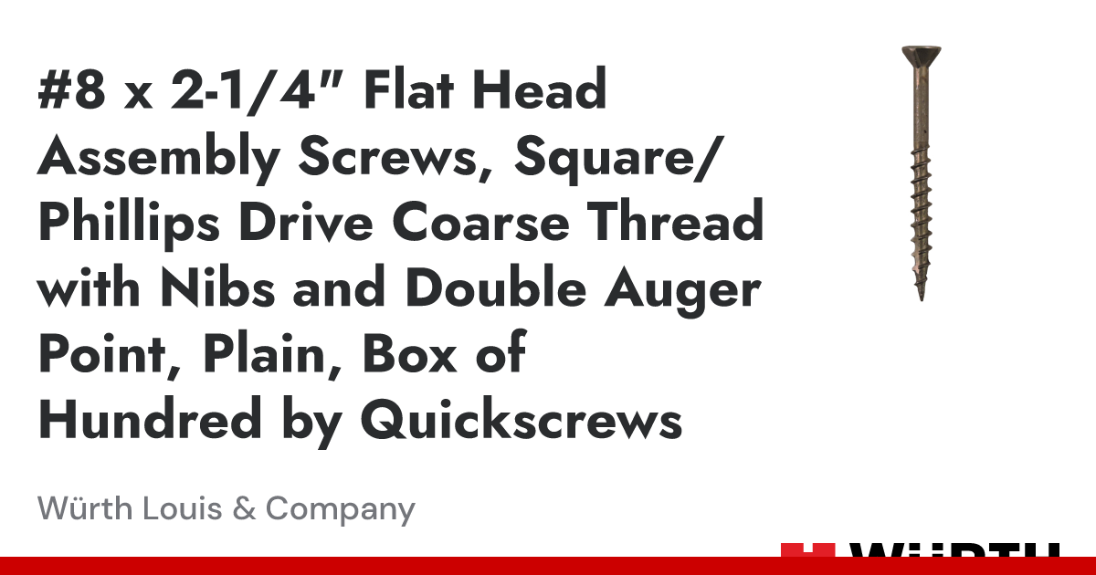 #8 x 2-1/4" Flat Head Assembly Screws, Square/Phillips Drive Coarse ...