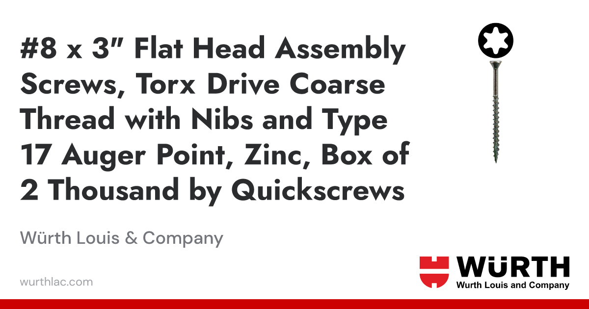 #8 x 3" Flat Head Assembly Screws, Torx Drive Coarse Thread with Nibs ...