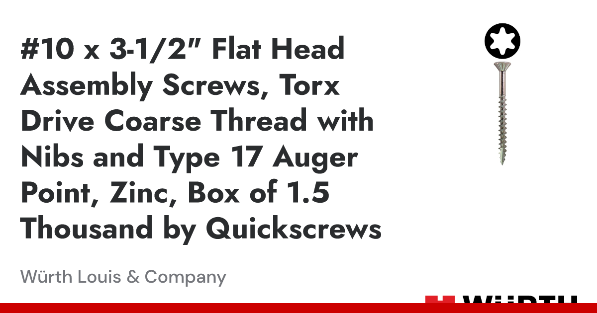 #10 x 3-1/2" Flat Head Assembly Screws, Torx Drive Coarse Thread with ...