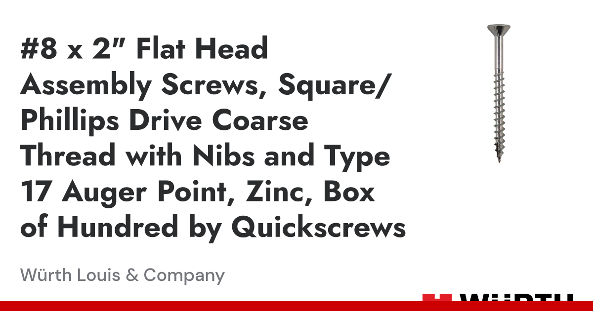 #8 x 2" Flat Head Assembly Screws, Square/Phillips Drive Coarse Thread ...