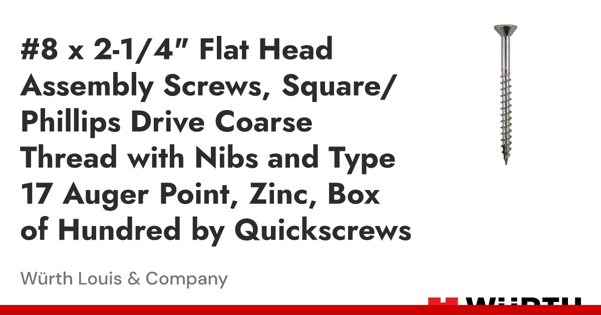 #8 x 2-1/4" Flat Head Assembly Screws, Square/Phillips Drive Coarse ...