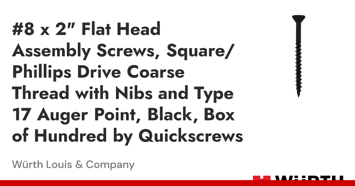 #8 x 2" Flat Head Assembly Screws, Square/Phillips Drive Coarse Thread ...