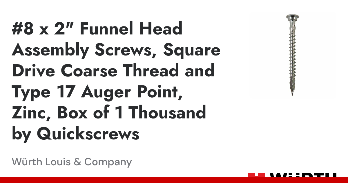 #8 x 2" Funnel Head Assembly Screws, Square Drive Coarse Thread and ...