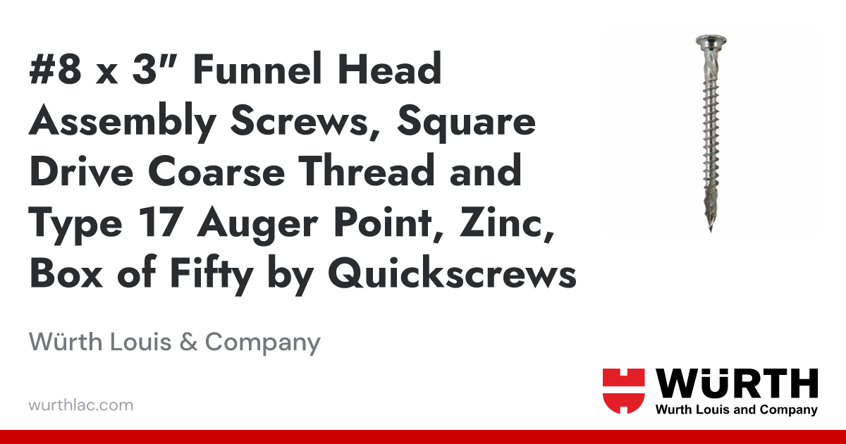 #8 x 3" Funnel Head Assembly Screws, Square Drive Coarse Thread and ...