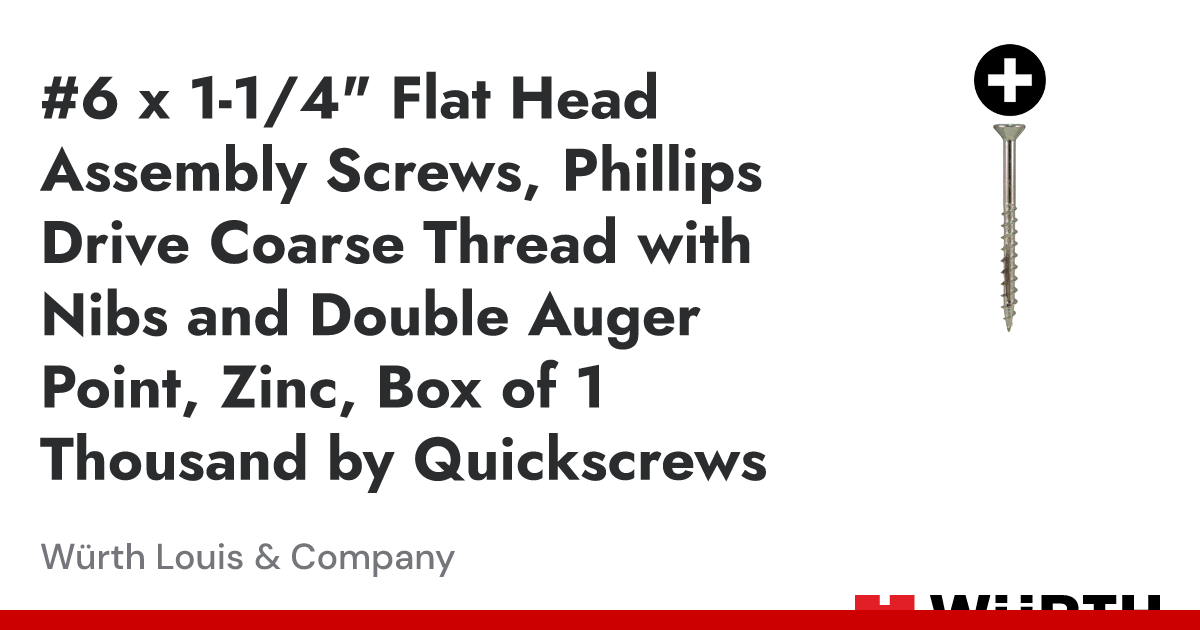 #6 x 1-1/4" Flat Head Assembly Screws, Phillips Drive Coarse Thread ...