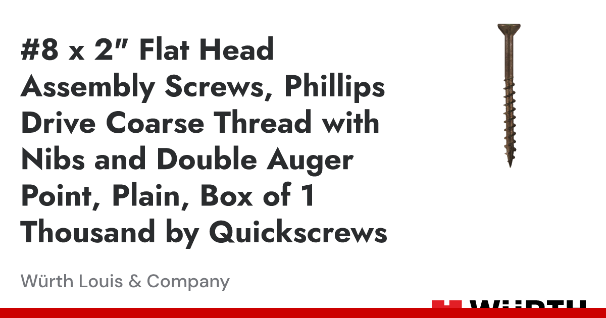 #8 x 2" Flat Head Assembly Screws, Phillips Drive Coarse Thread with ...
