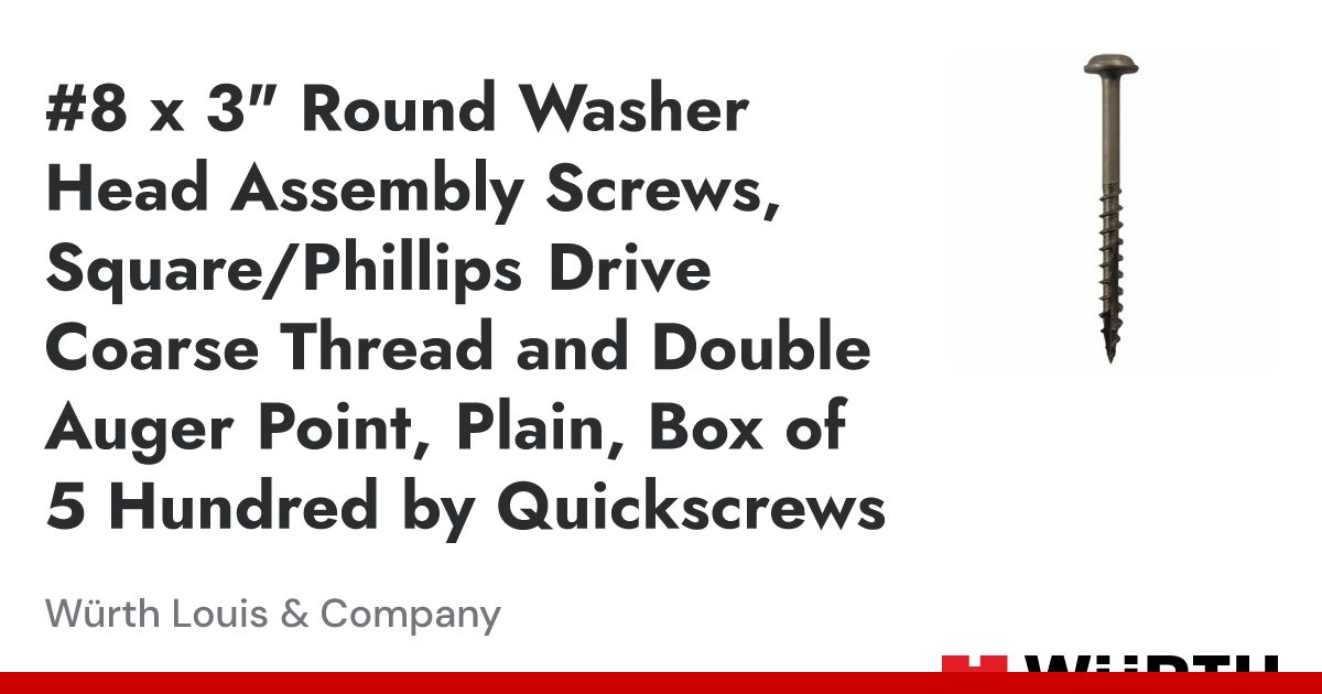#8 x 3" Round Washer Head Assembly Screws, Square/Phillips Drive Coarse ...