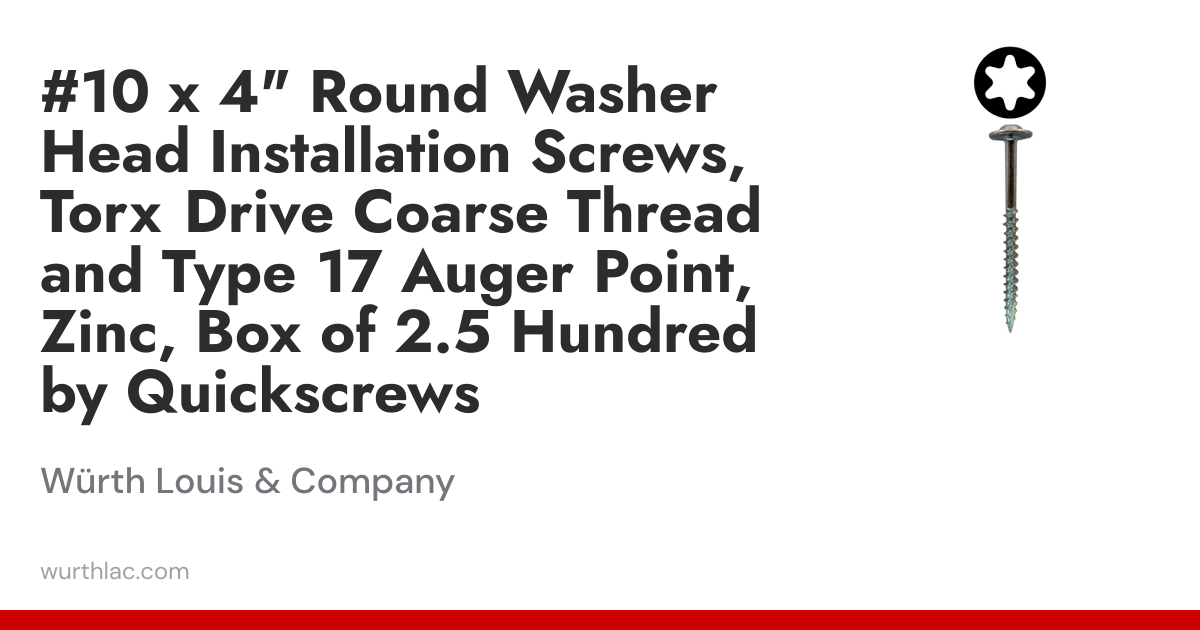 #10 x 4" Round Washer Head Installation Screws, Torx Drive Coarse ...