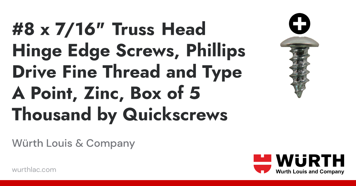 #8 x 7/16" Truss Head Hinge Edge Screws, Phillips Drive Fine Thread and ...