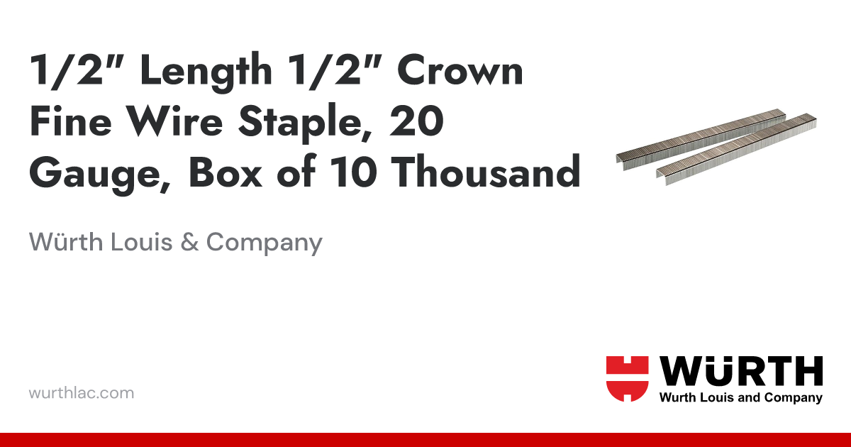 1/2" Length 1/2" Crown Fine Wire Staple, 20 Gauge, Box of 10 Thousand ...