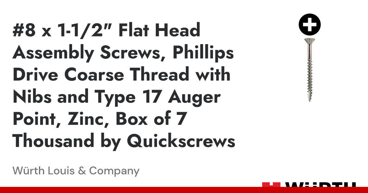 #8 x 1-1/2" Flat Head Assembly Screws, Phillips Drive Coarse Thread ...