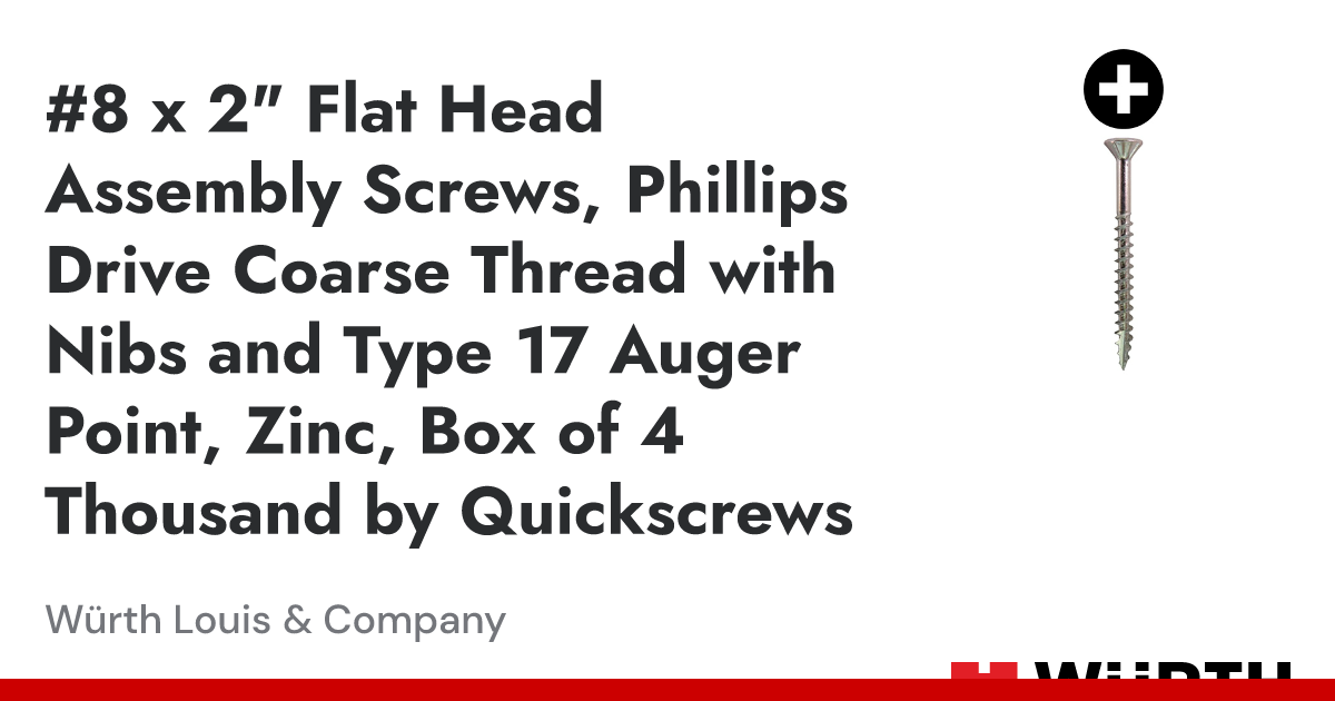 #8 x 2" Flat Head Assembly Screws, Phillips Drive Coarse Thread with ...