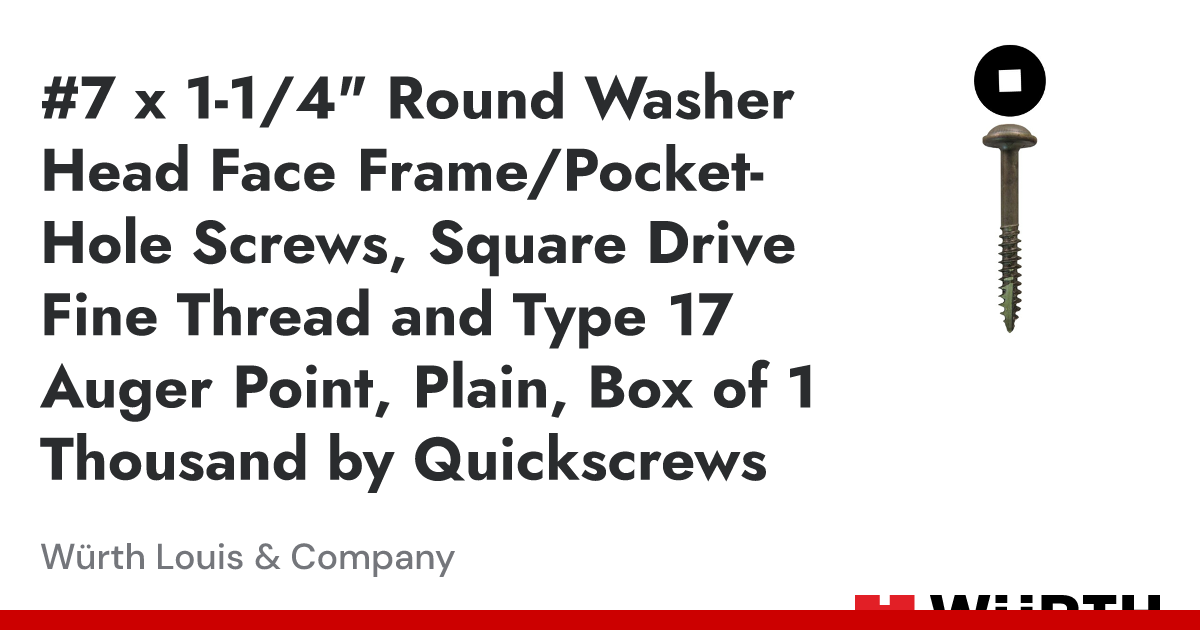 #7 x 1-1/4" Round Washer Head Face Frame/Pocket-Hole Screws, Square ...