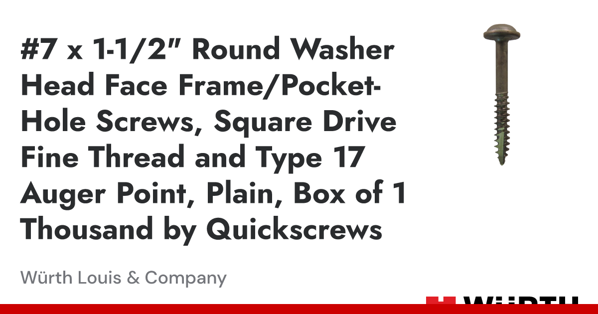 #7 x 1-1/2" Round Washer Head Face Frame/Pocket-Hole Screws, Square ...