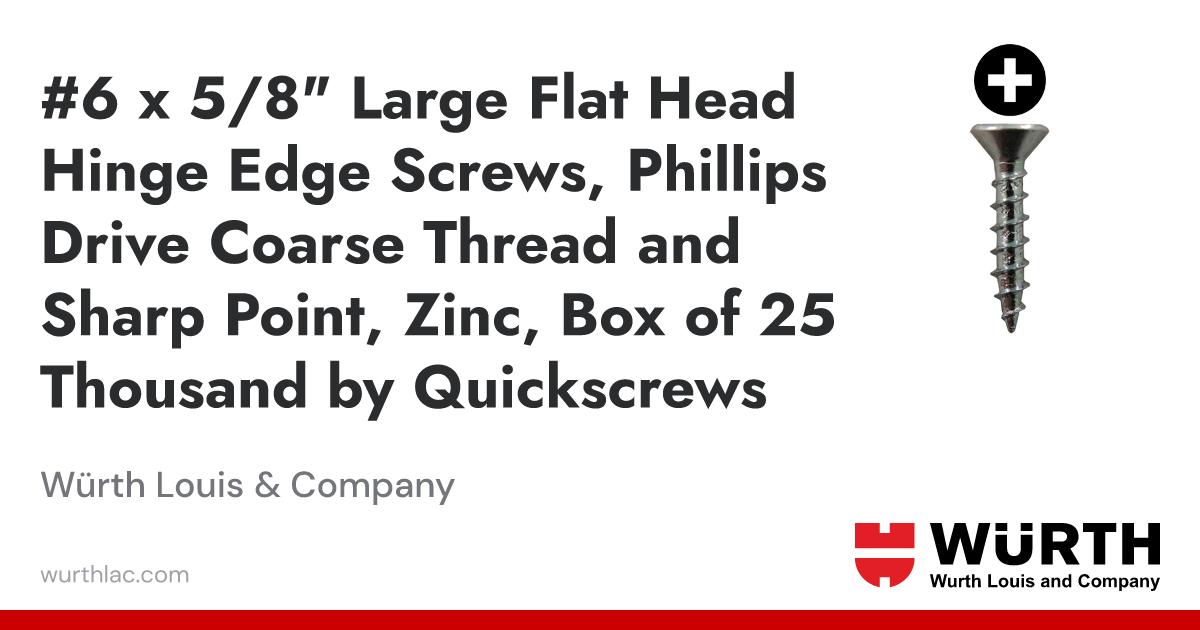 #6 x 5/8" Large Flat Head Hinge Edge Screws, Phillips Drive Coarse ...