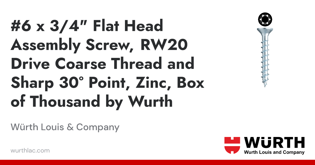 #6 x 3/4" Flat Head Assembly Screw, RW20 Drive Coarse Thread and Sharp ...