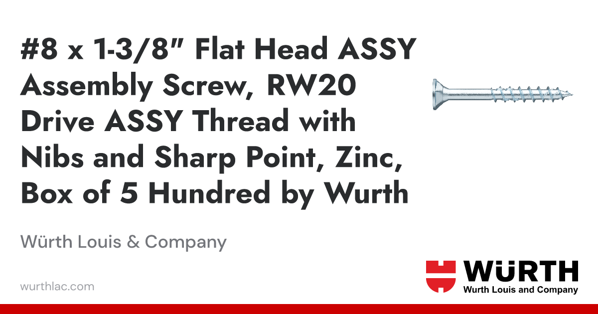 #8 x 1-3/8" Flat Head ASSY Assembly Screw, RW20 Drive ASSY Thread with ...